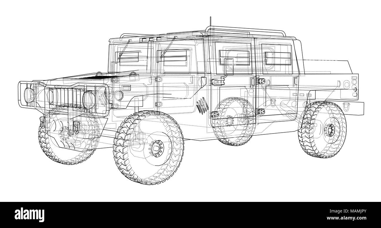 Combat car blueprint. 3d illustration. Wire-frame style Stock Photo - Alamy