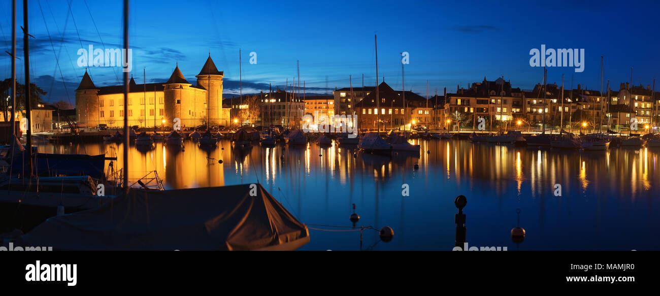 MORGES, SWITZERLAND - March 5th, 2018: Beautiful night time panorama ...