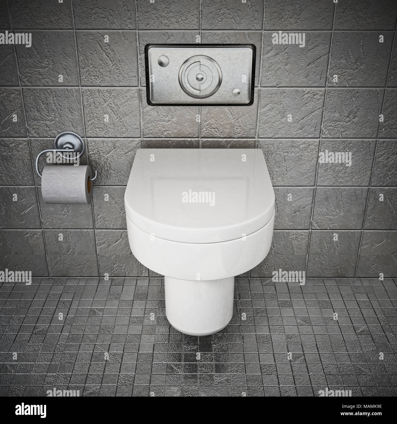 Modern toilet inside restroom covered with gray stones. 3D illustration ...
