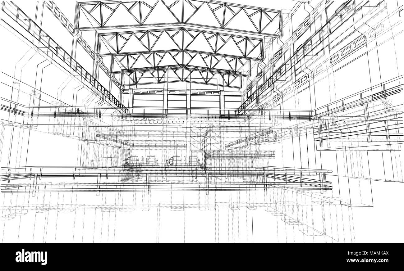Industrial zone sketch. 3d illustration. Wire-frame style Stock Photo ...
