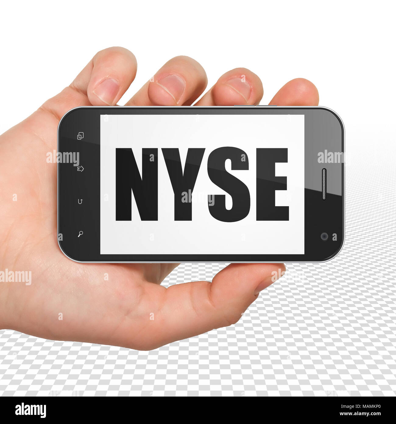 Stock market indexes concept: Hand Holding Smartphone with NYSE on ...