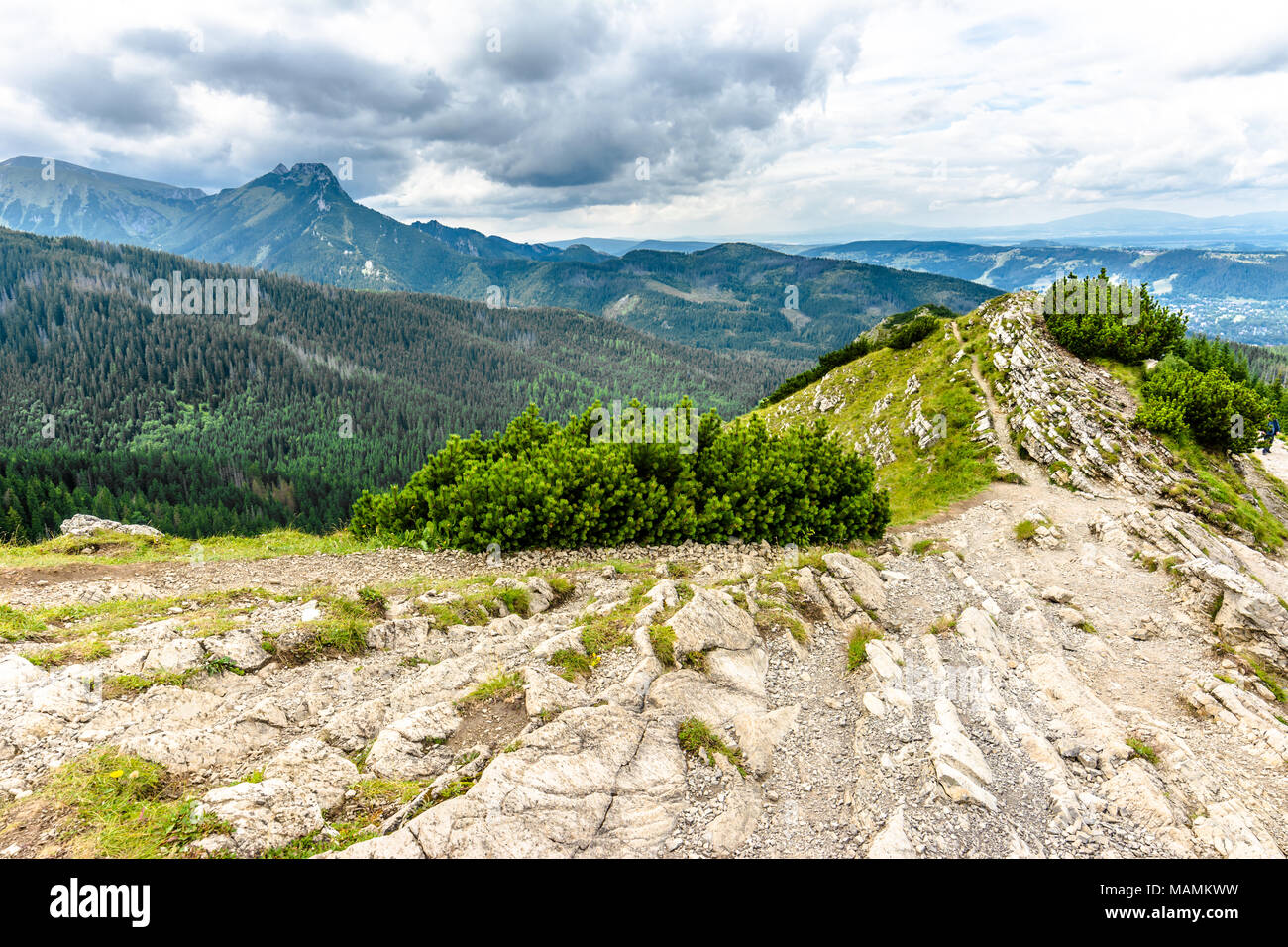 Hiking trail on mountain ridge with panorama of mountains and forest ...