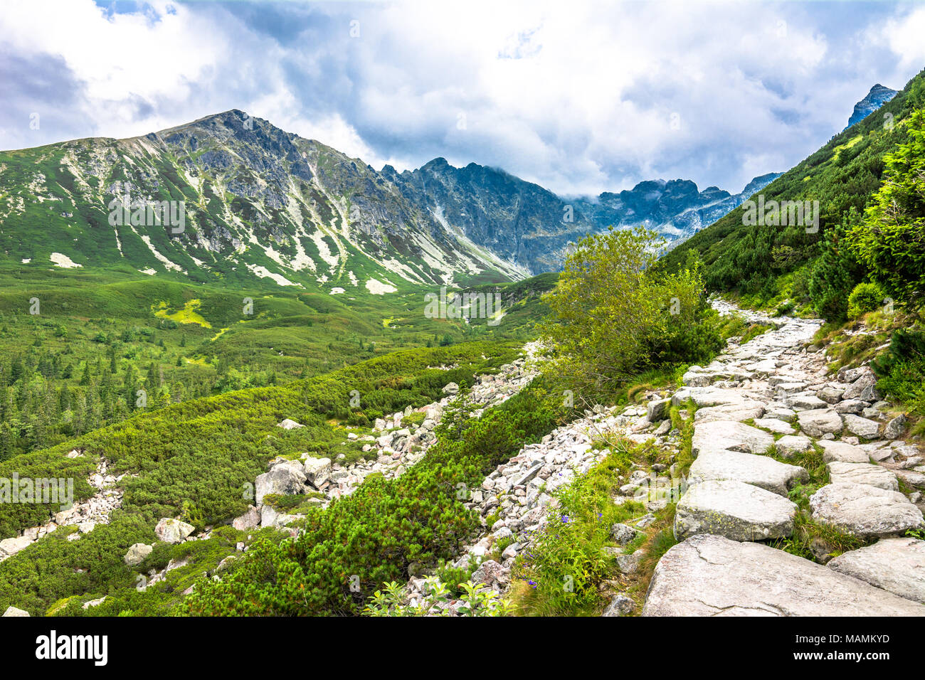 Hiking trail in mountains, panoramic landscape of path over valley with ...