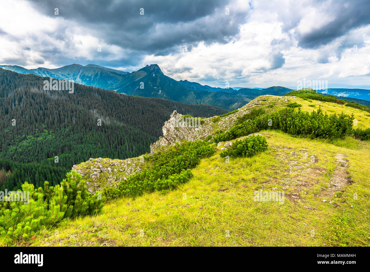Landscape of mountains in spring, panoramic vista from the top on the ...