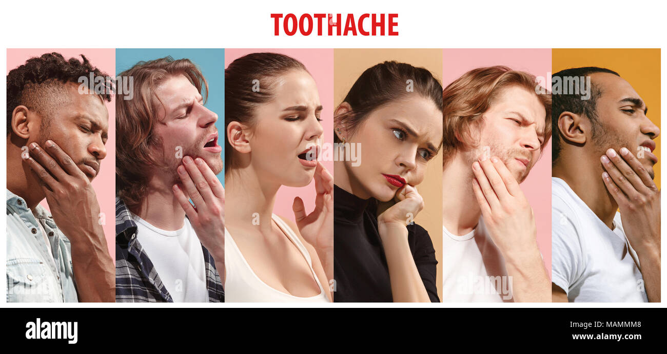 Collage about group of people with toothache. Men, women with tooth ...