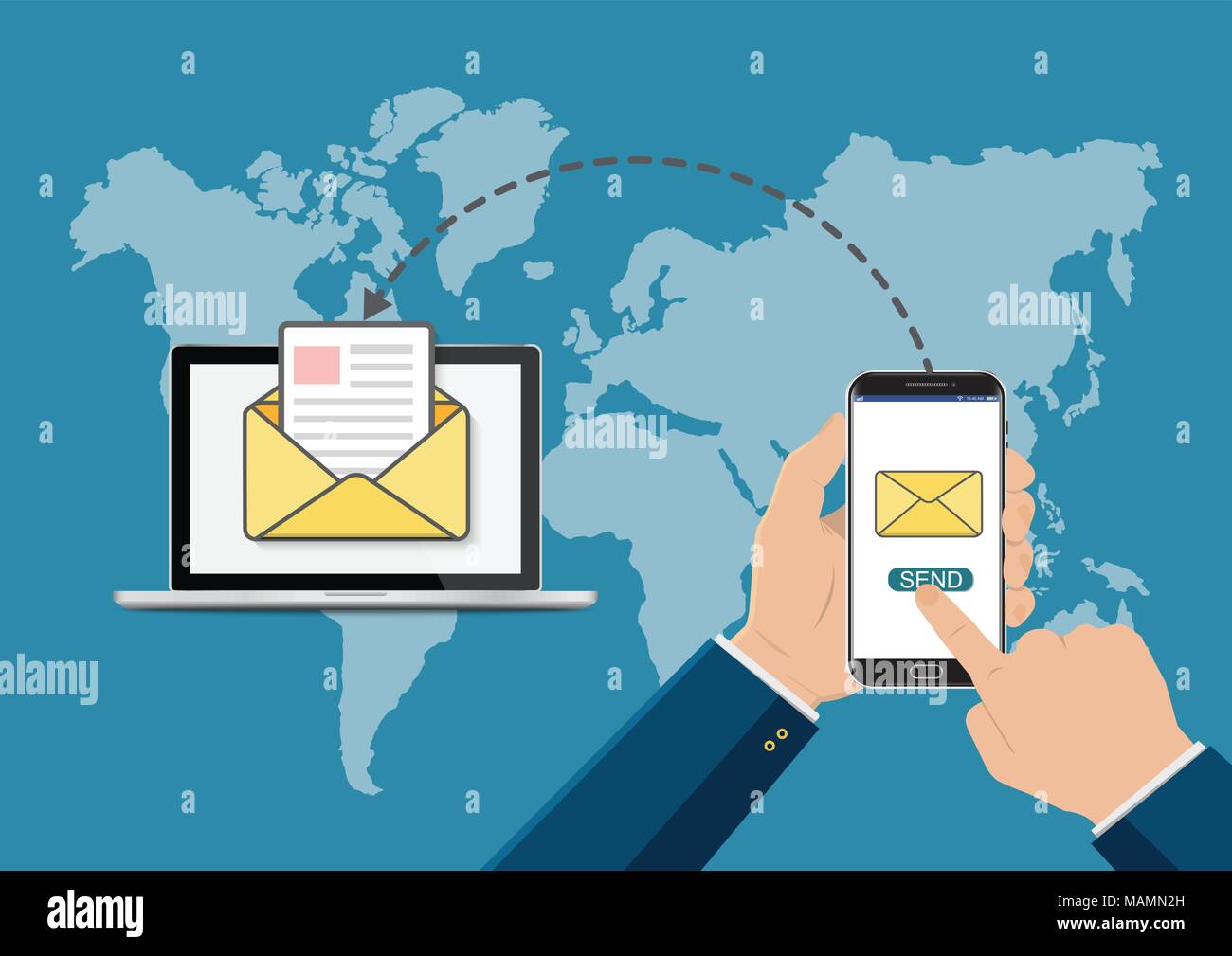 Hand touching smart phone with sending email symbol on laptop. New ...