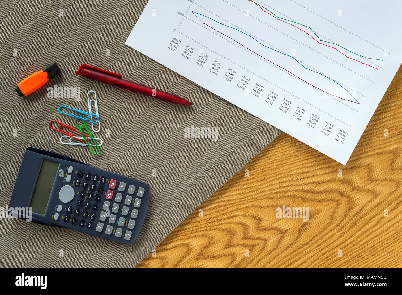 Accountant workspace as flat lay from above with paperwork and ...