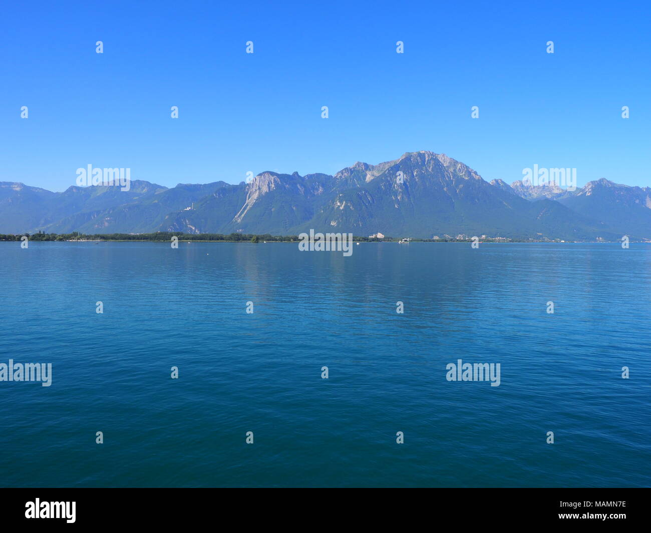 Panorama of beautiful alpine Lake Geneva landscape seen from Chateau de ...