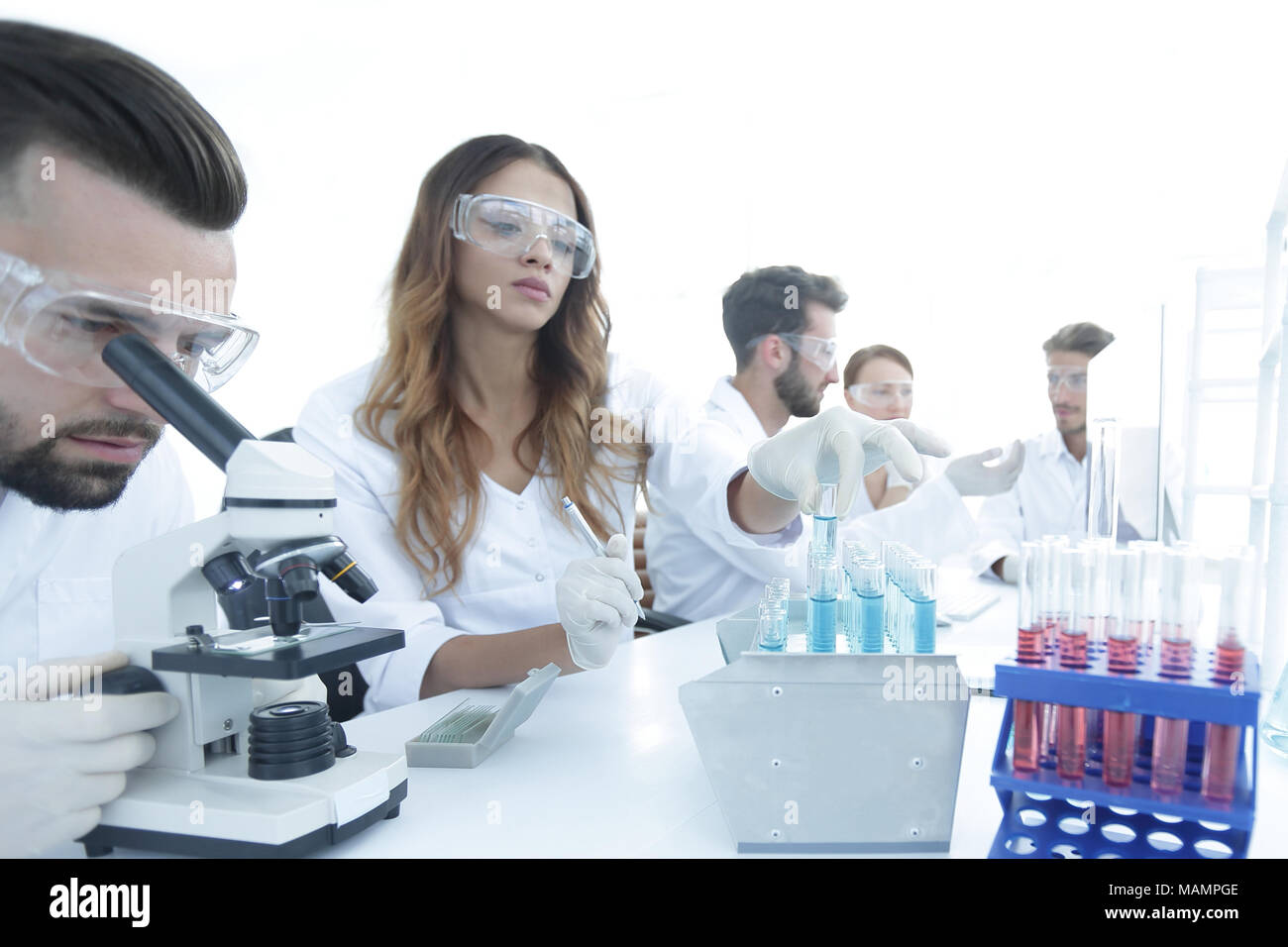 Scientists examining in the lab with test tubes Stock Photo - Alamy