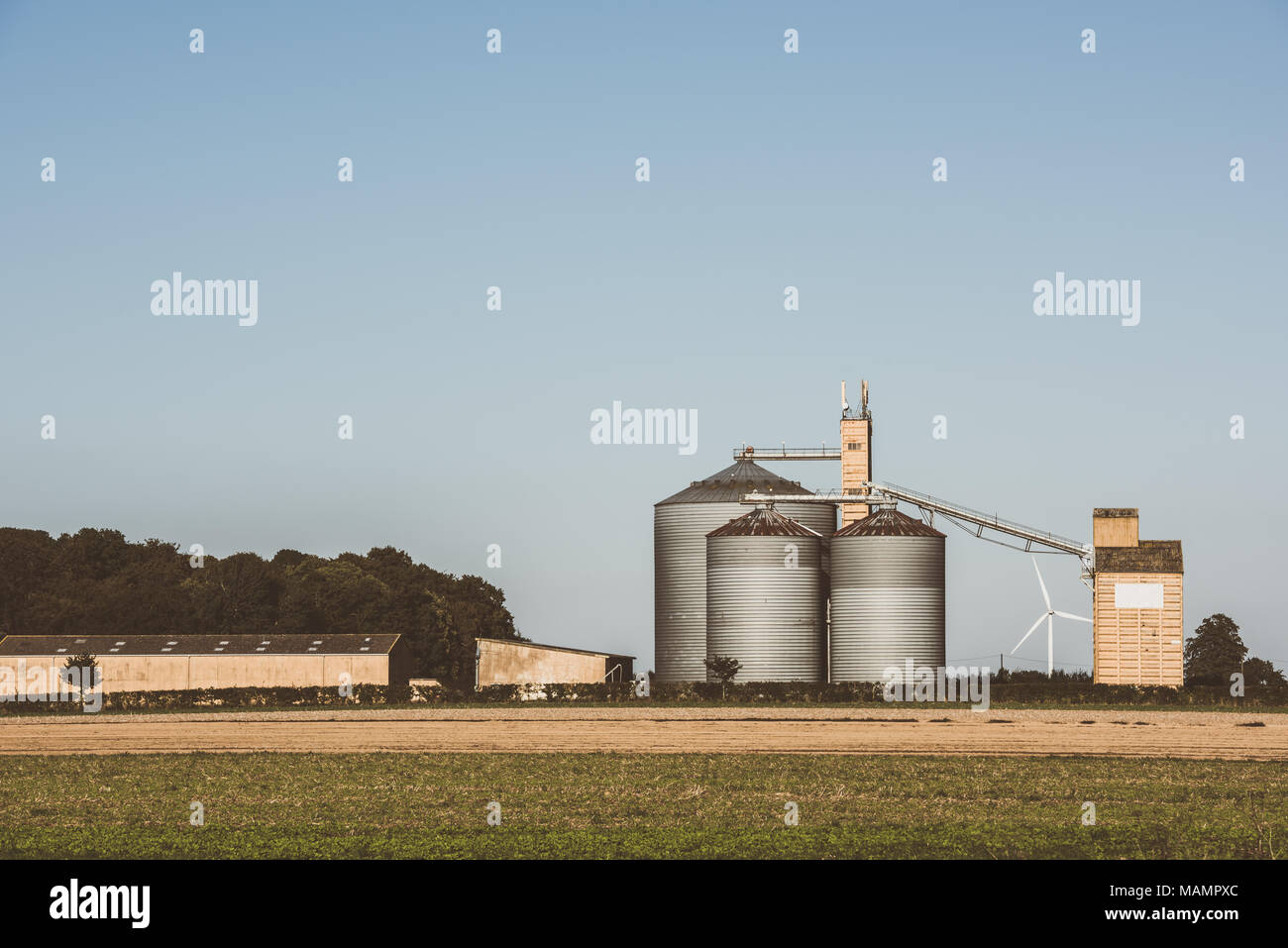 Farm grain silos in a field. Agriculture landscape Stock Photo - Alamy