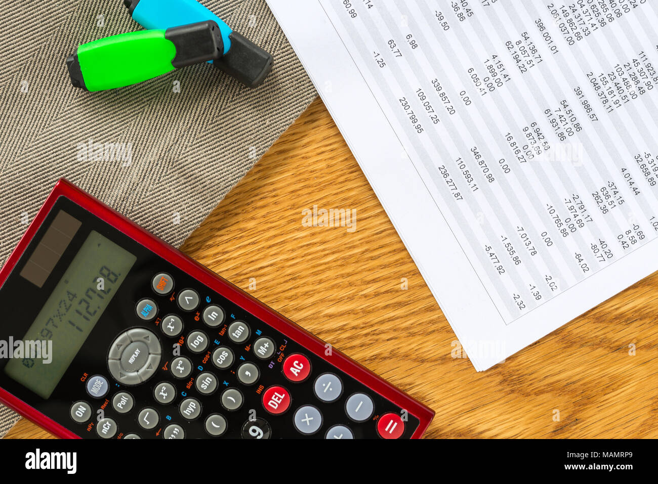 Close-up of accountant workspace as flat lay from above with paperwork ...