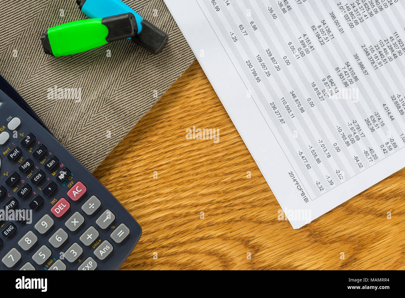 Close-up of accountant workspace as flat lay from above with paperwork ...