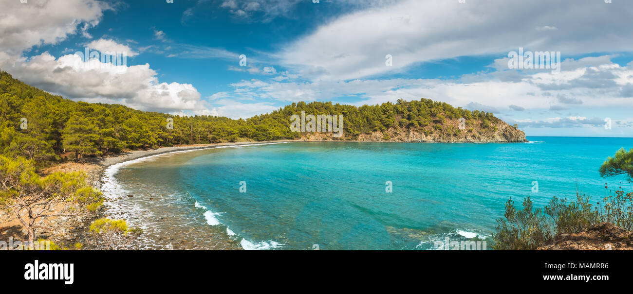 Aerial view of Cirali Beach from ancient Olympos ruins, Antalya Turkey ...