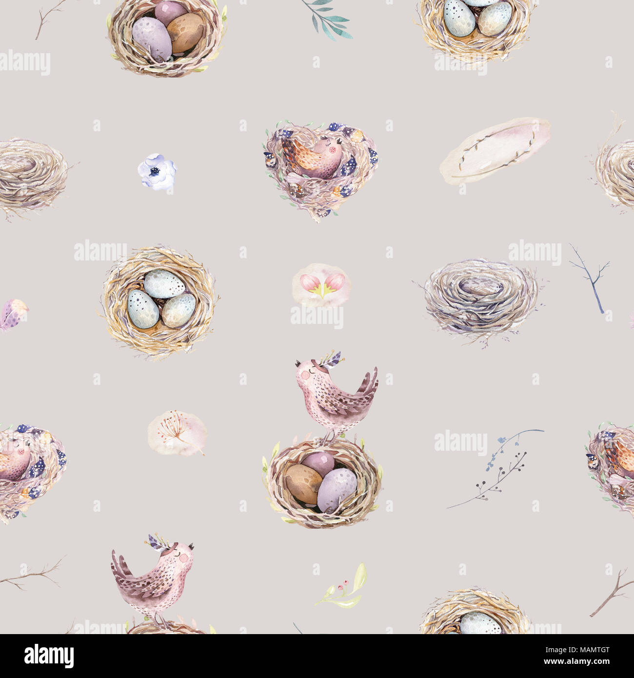 Watercolor spring rustic pattern with nest, birds, branch,tree twigs ...