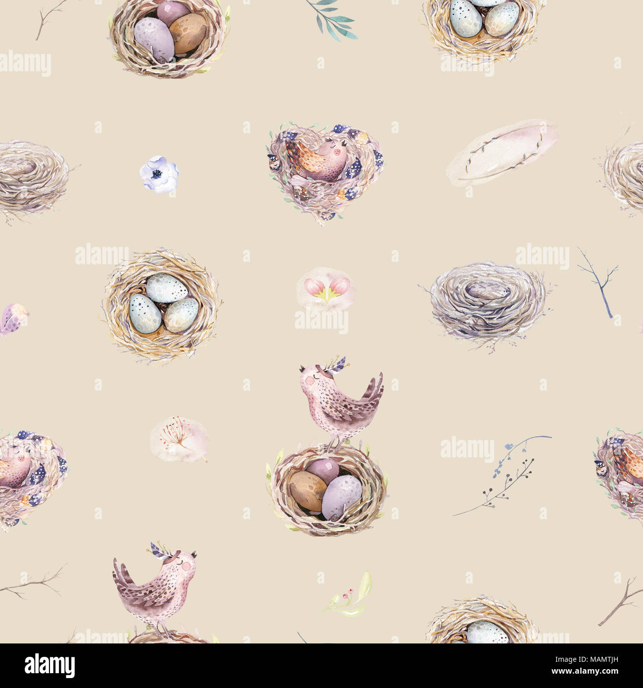Watercolor spring rustic pattern with nest, birds, branch,tree twigs ...