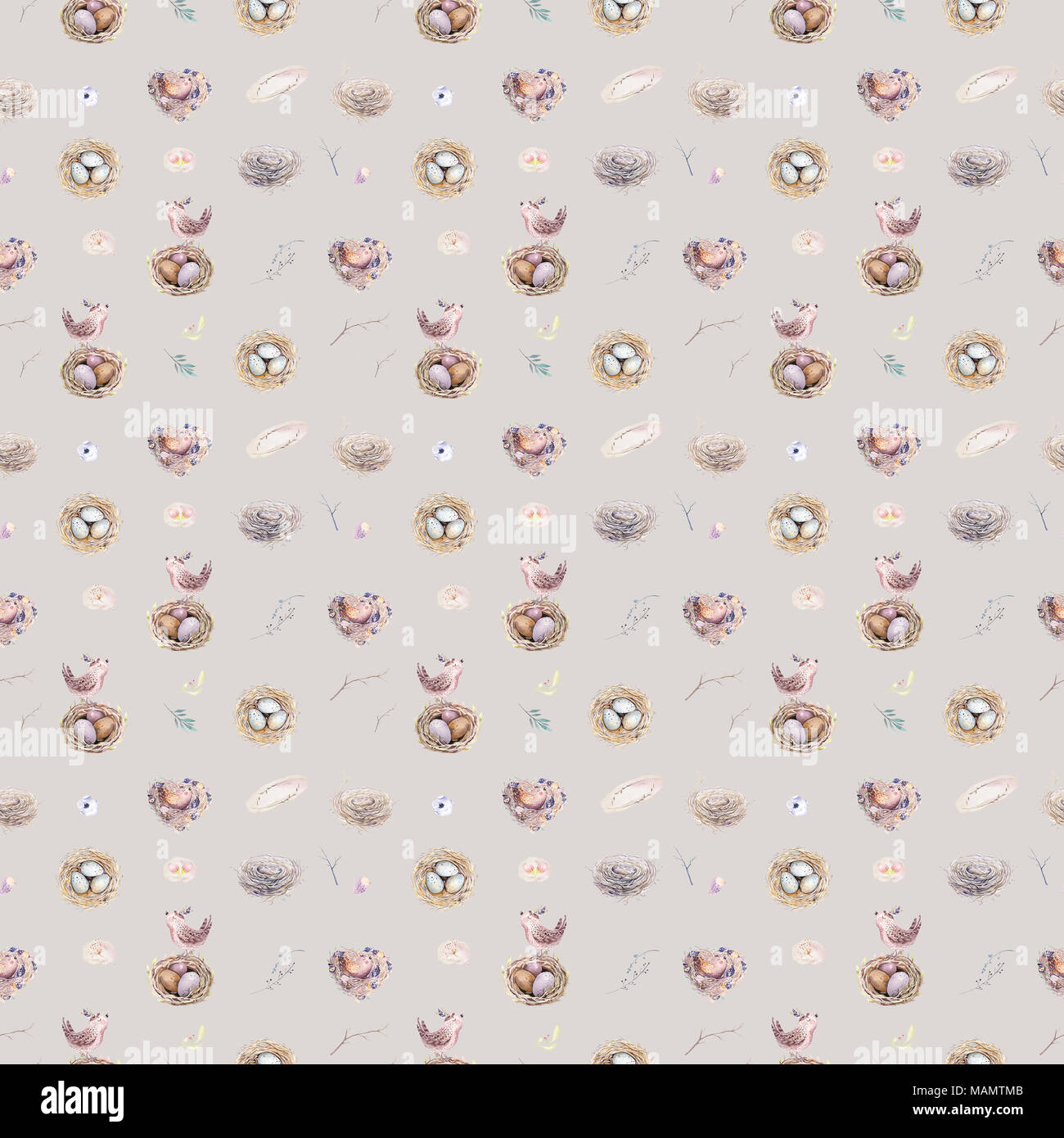 Watercolor spring rustic pattern with nest, birds, branch,tree twigs ...