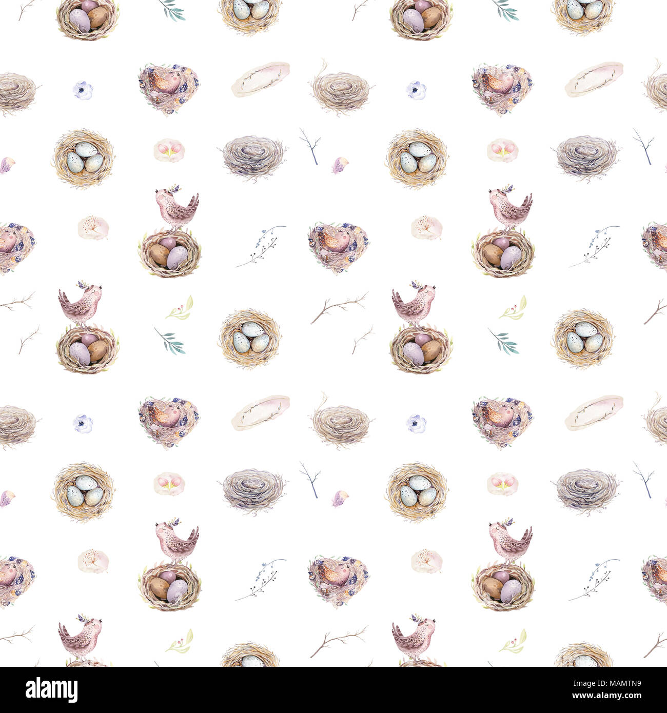 Watercolor spring rustic pattern with nest, birds, branch,tree twigs ...