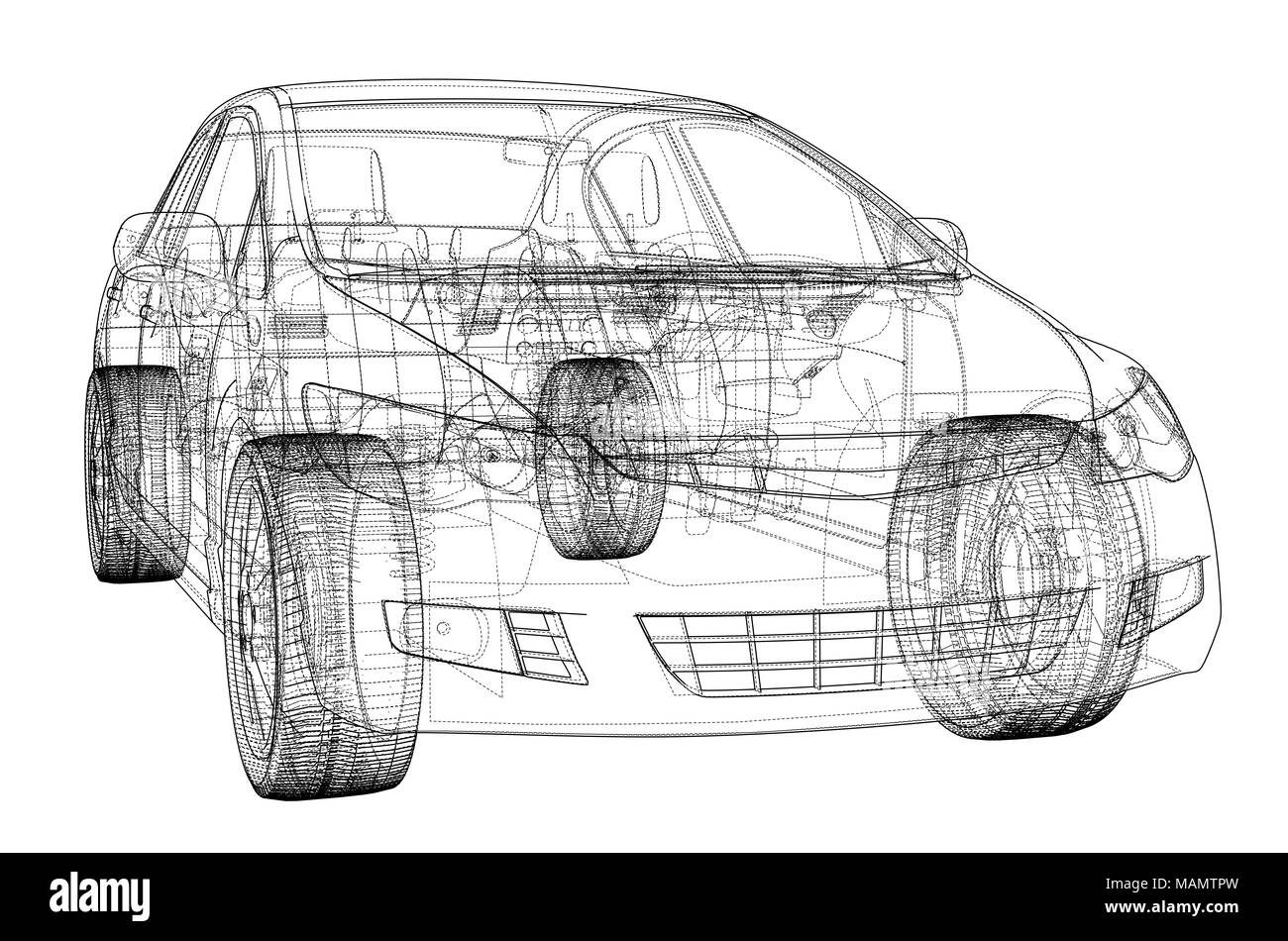 Concept car blueprint. 3d illustration. Wire-frame style Stock Photo ...