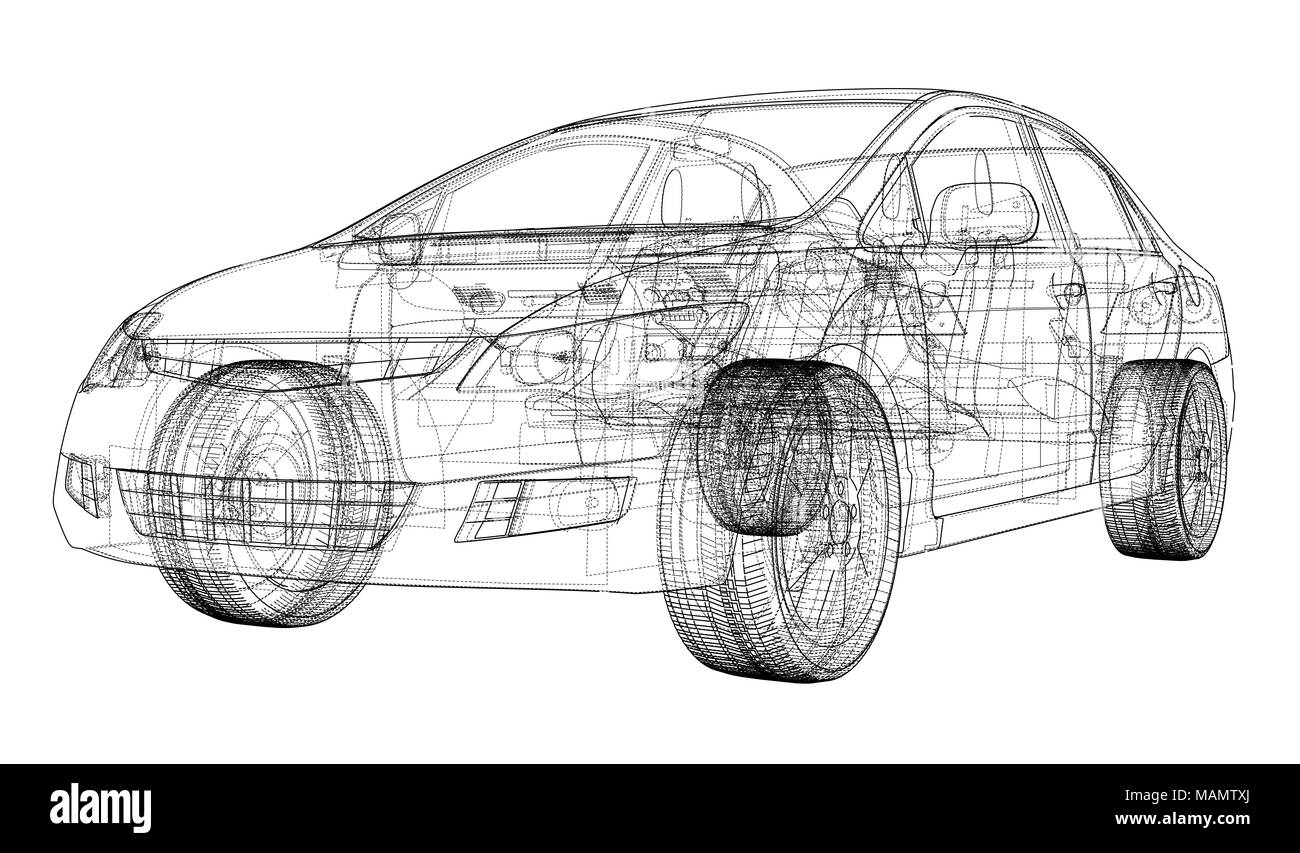 Concept car blueprint. 3d illustration. Wire-frame style Stock Photo ...