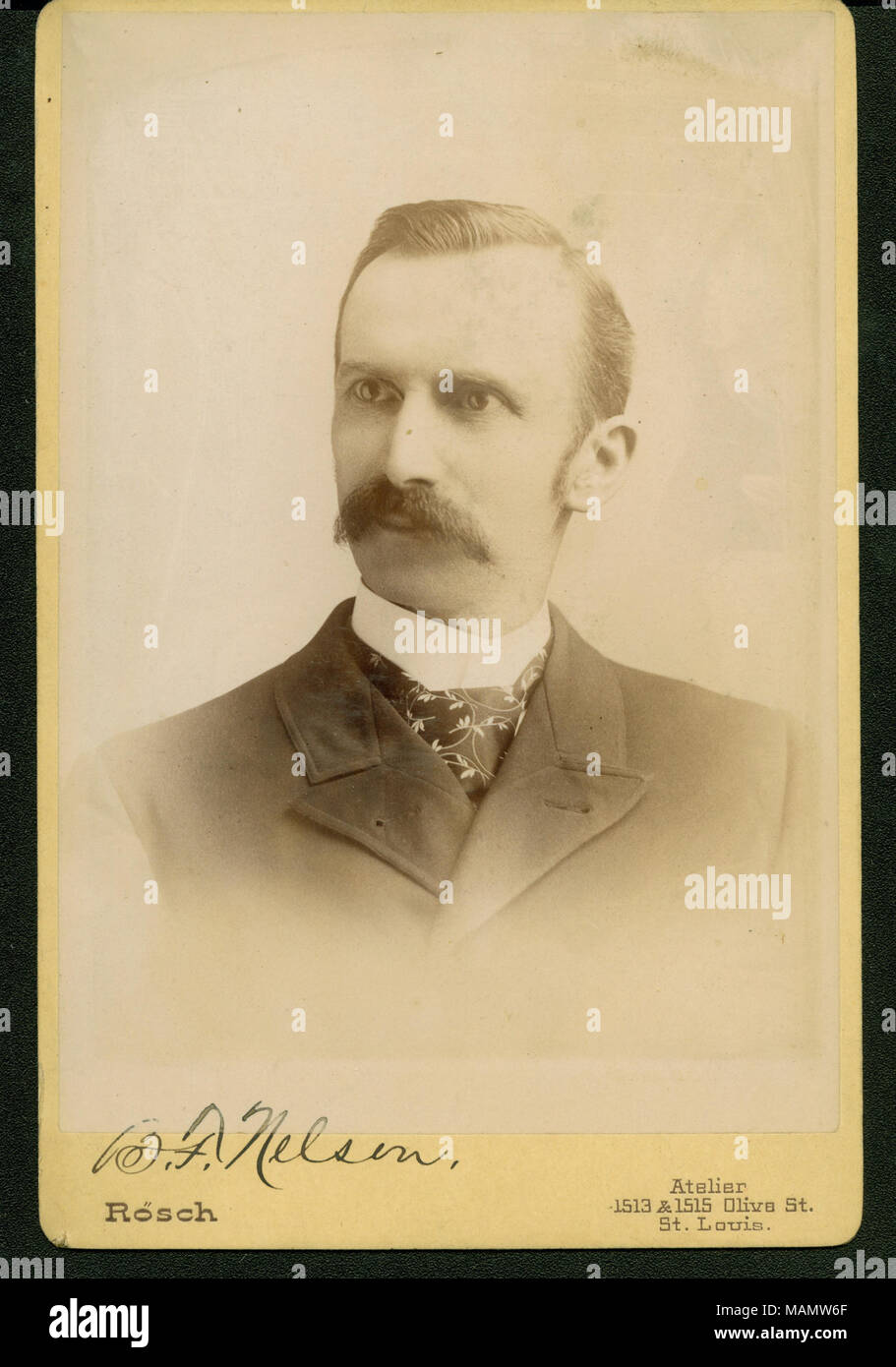 Formal bust portrait of B. A. Nelson wearing a suit and tie, with his ...