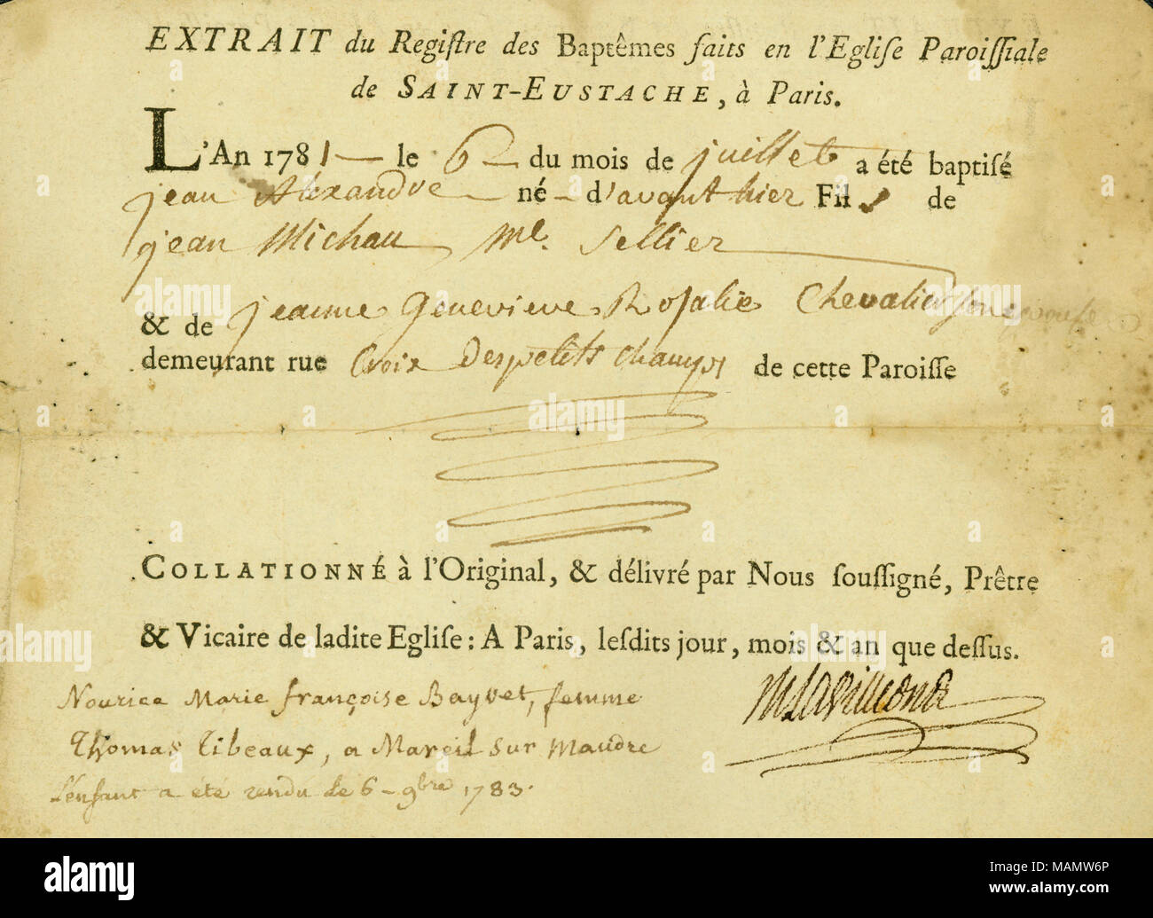 Title: Baptism record for child of Jean Michau and Jeanne Genevieve ...