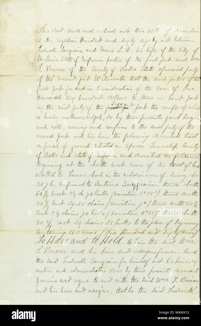 Title: Deed to William T. Briscoe from Frederick Saugrain and his wife ...