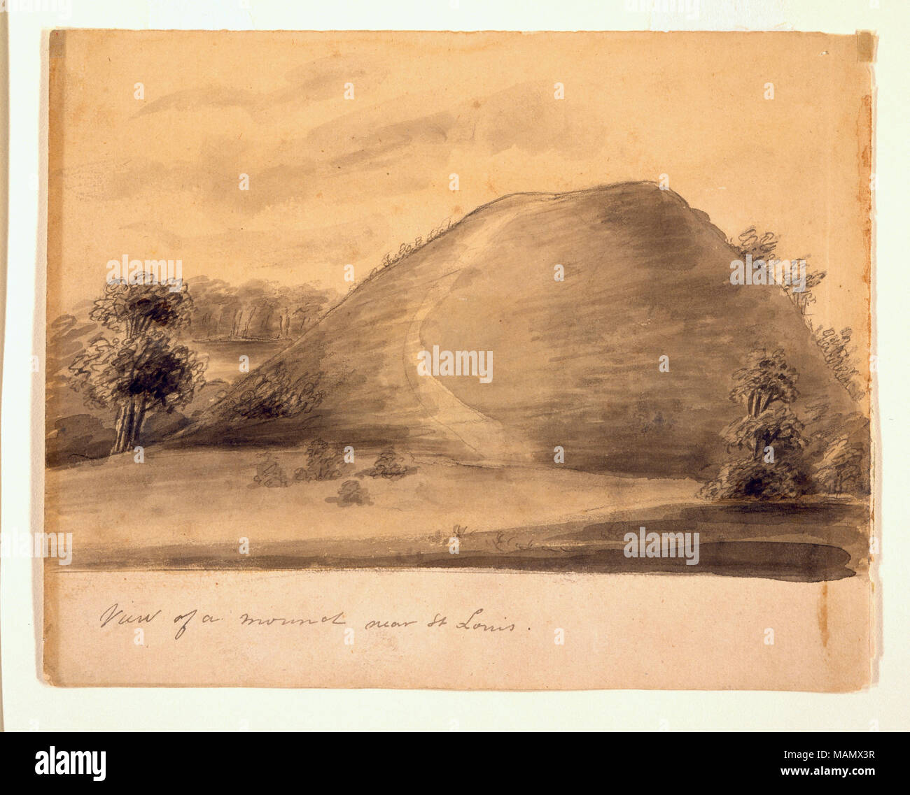 Ink wash drawing of one of the Indian mounds near St. Louis by Anna ...