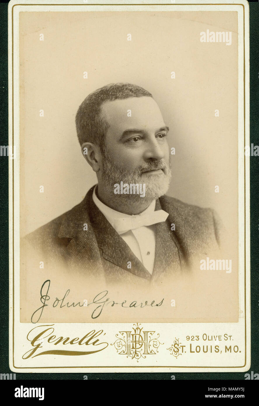 Formal bust portrait of John Greaves wearing a suit, vest, and bow tie ...