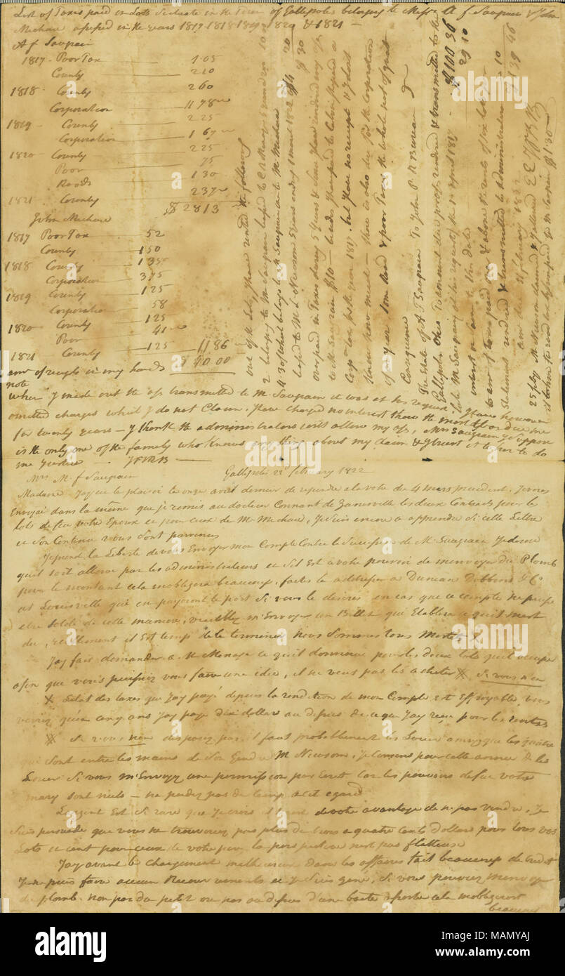 Title: Letter and list of taxes paid on lots in Gallipolis belonging to ...