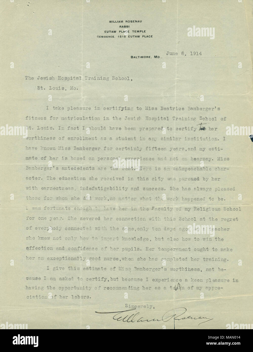 Title: Letter from William Rosenau to the Jewish Hospital Training ...