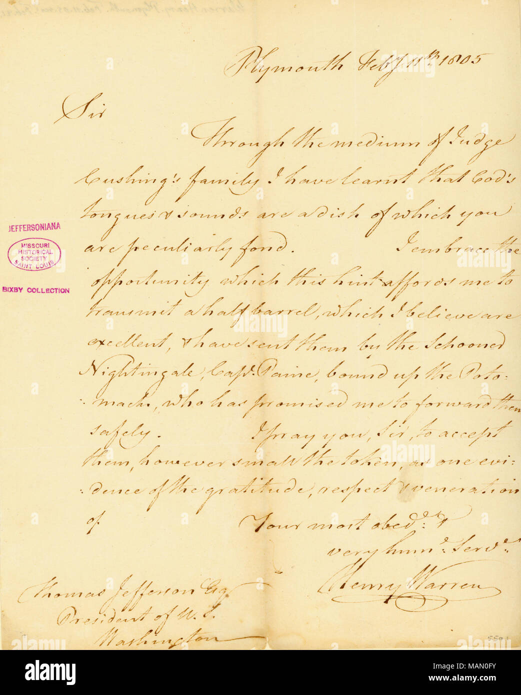 States that he is sending Jefferson a half barrel of cod aboard Captain ...