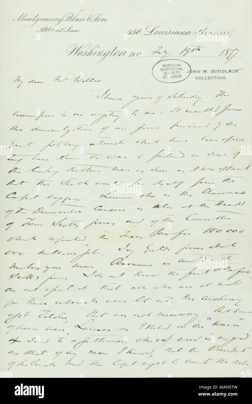 Discusses politics. Title: Letter signed Montgomery Blair, Washington ...