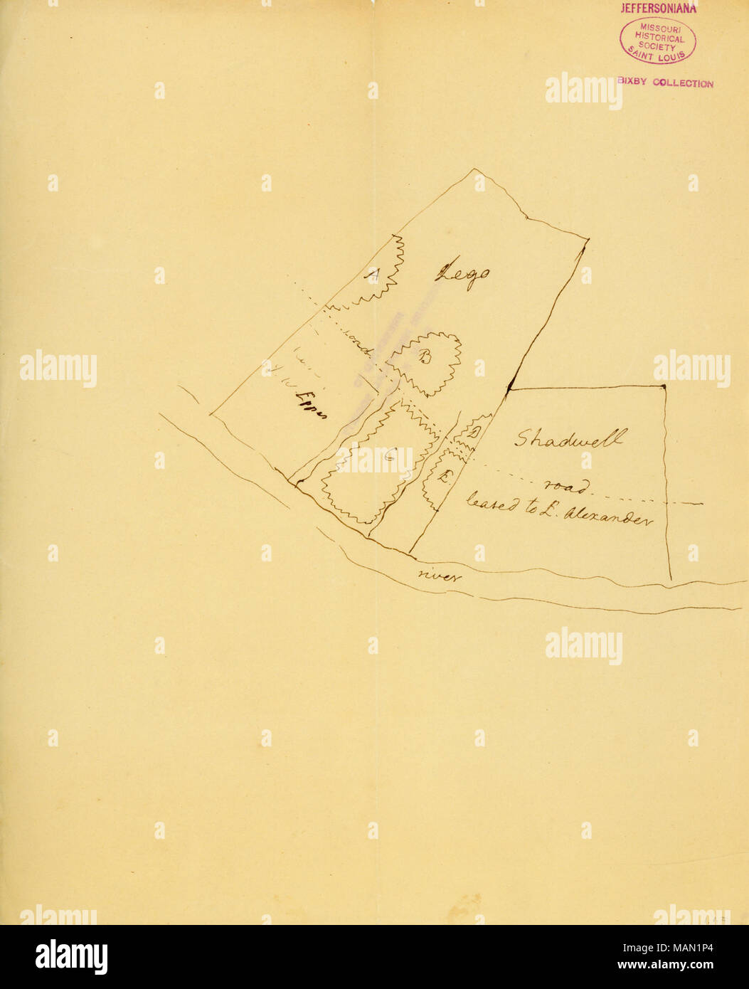Shows Shadwell land leased to E. Alexander and the part owned by J.W ...