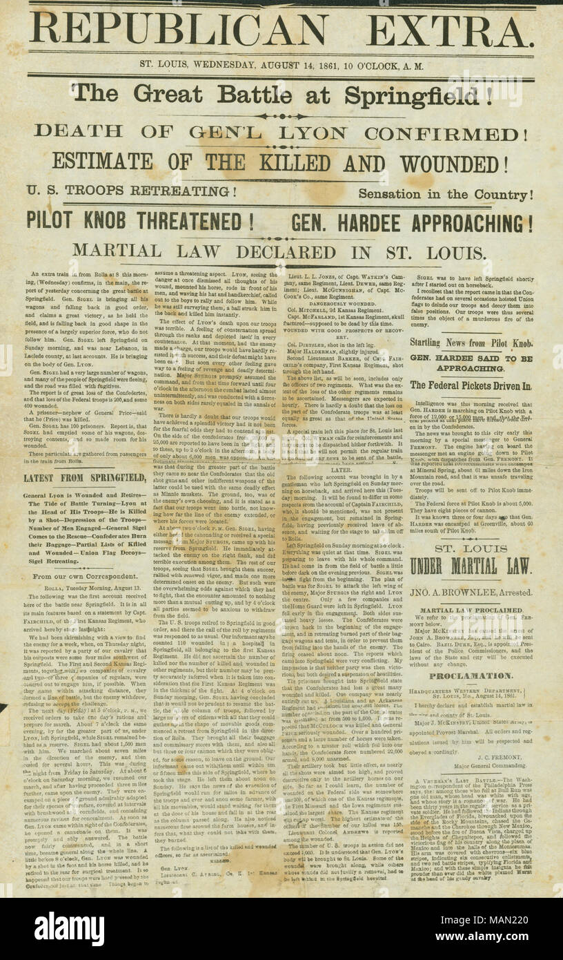 Contains report on the Battle of Wilson's Creek. Title: Newspaper issue ...