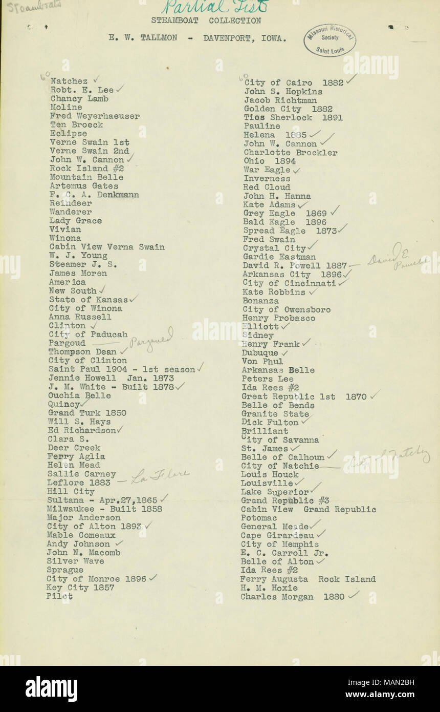 Partial list of the steamboats in E.W. Tallmon’s collection. Also ...