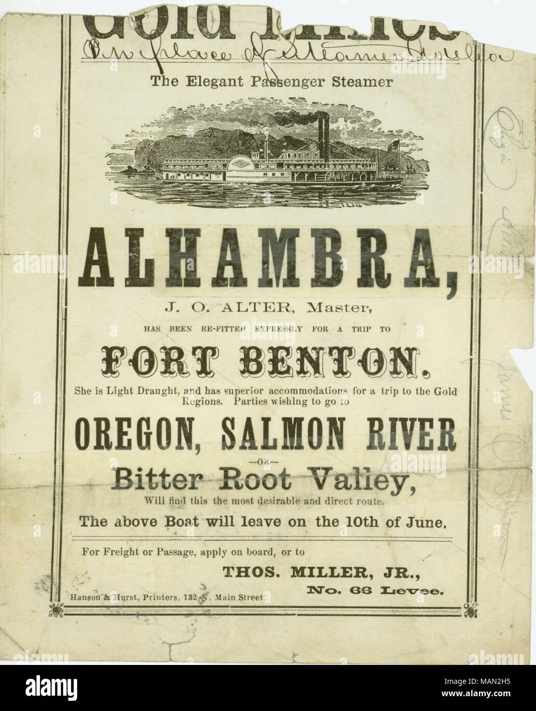 Title: Printed advertisement for the steamboat Alhambra, departing from ...
