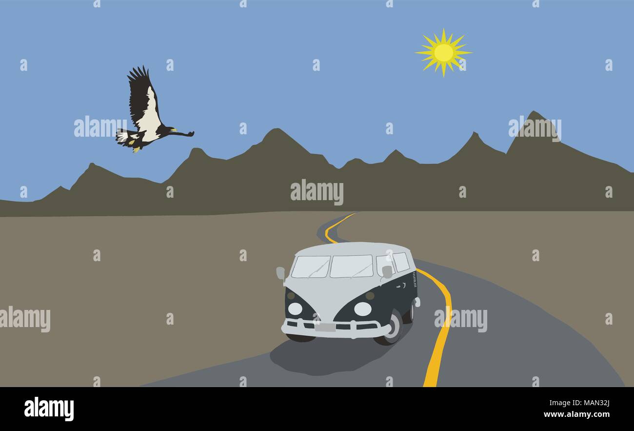 Illustration of a van on a desert road with a hawk flying overhead and ...