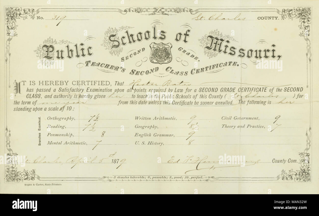 Certificate to teach in St. Charles County, Mo., schools. Title ...