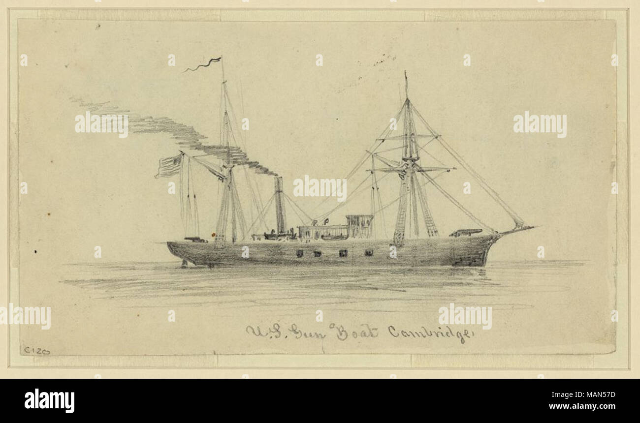 U.S. Gunboat Cambridge. Broadside view steamship. 1 drawing on ivory ...