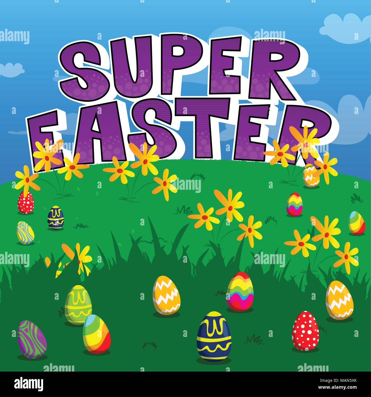 Super Easter text and colored eggs on a green meadow. Vector cartoon ...