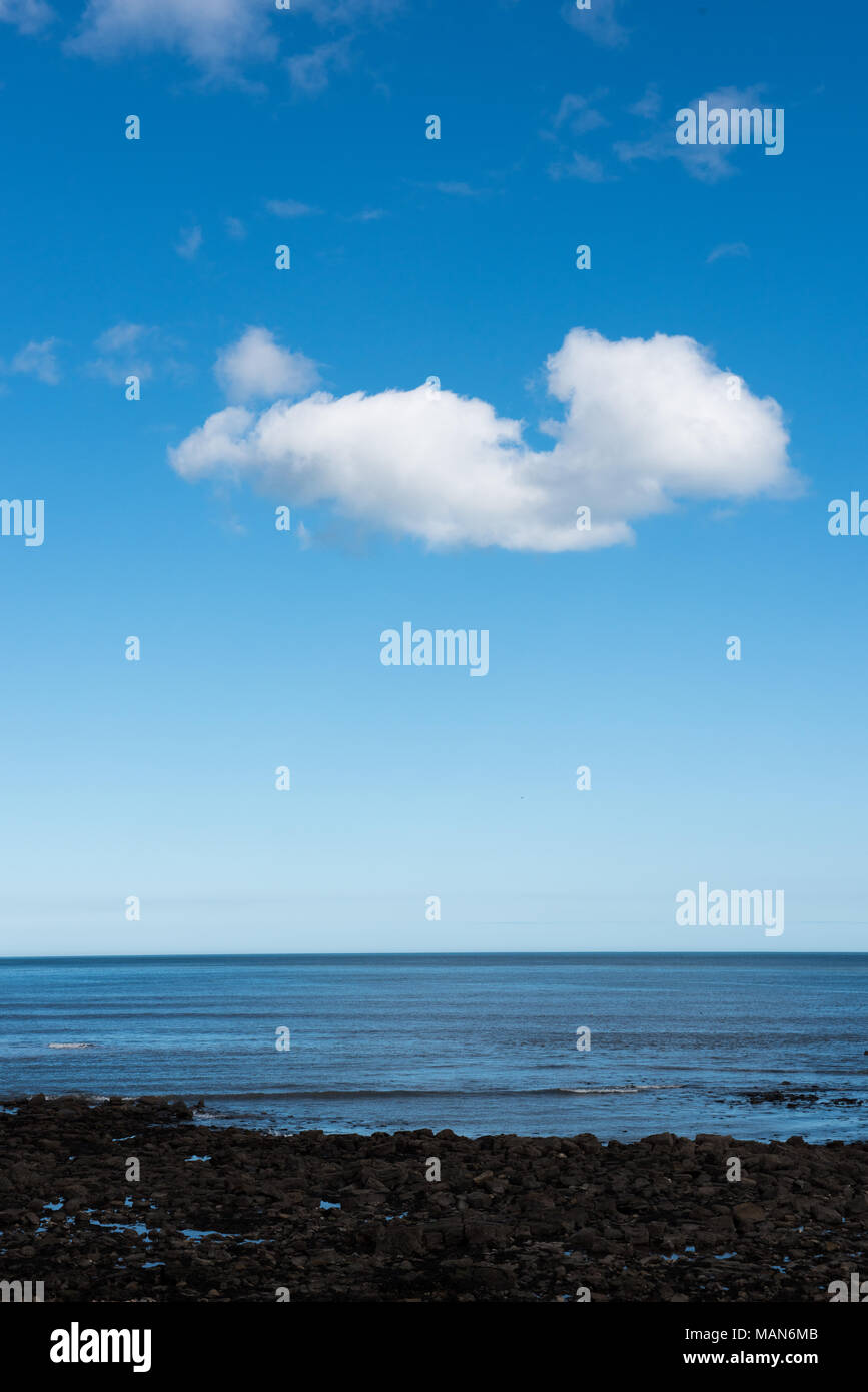 Rocky shoreline at low tide under a bright blue sky with scattered ...