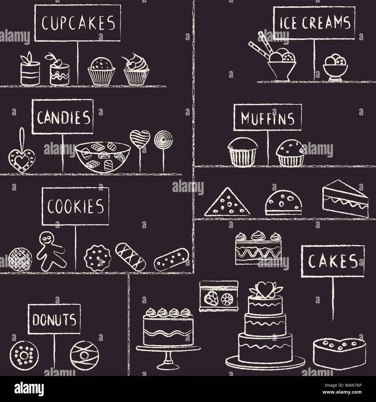 Various cakes and sweets, chalk on blackboard Stock Vector Image & Art ...