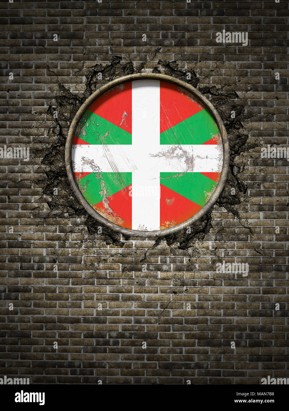 3d rendering of a Spanish Basque Country community flag over a rusty ...