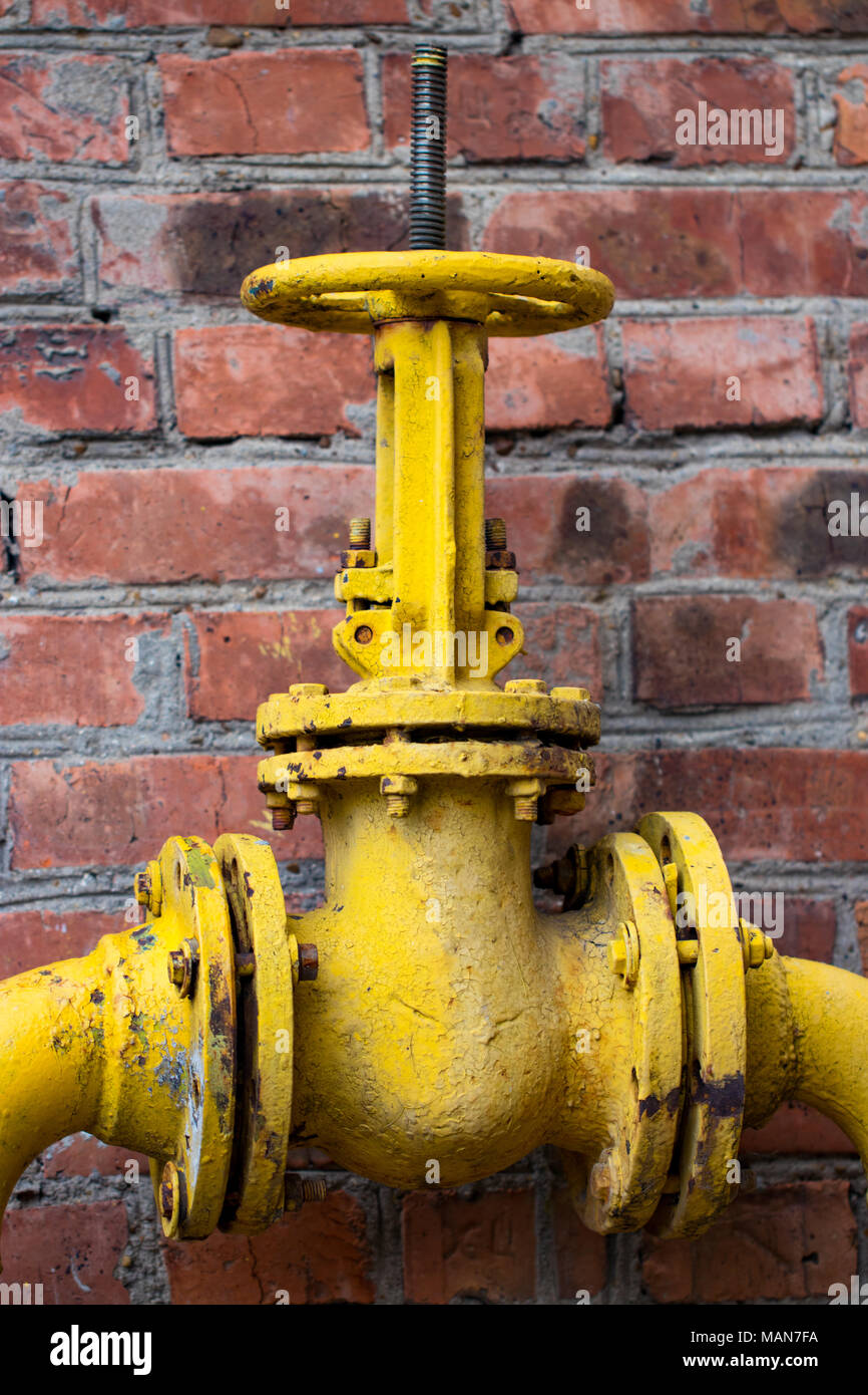 The gas pipe, yellow valve and yellow pipes Stock Photo - Alamy