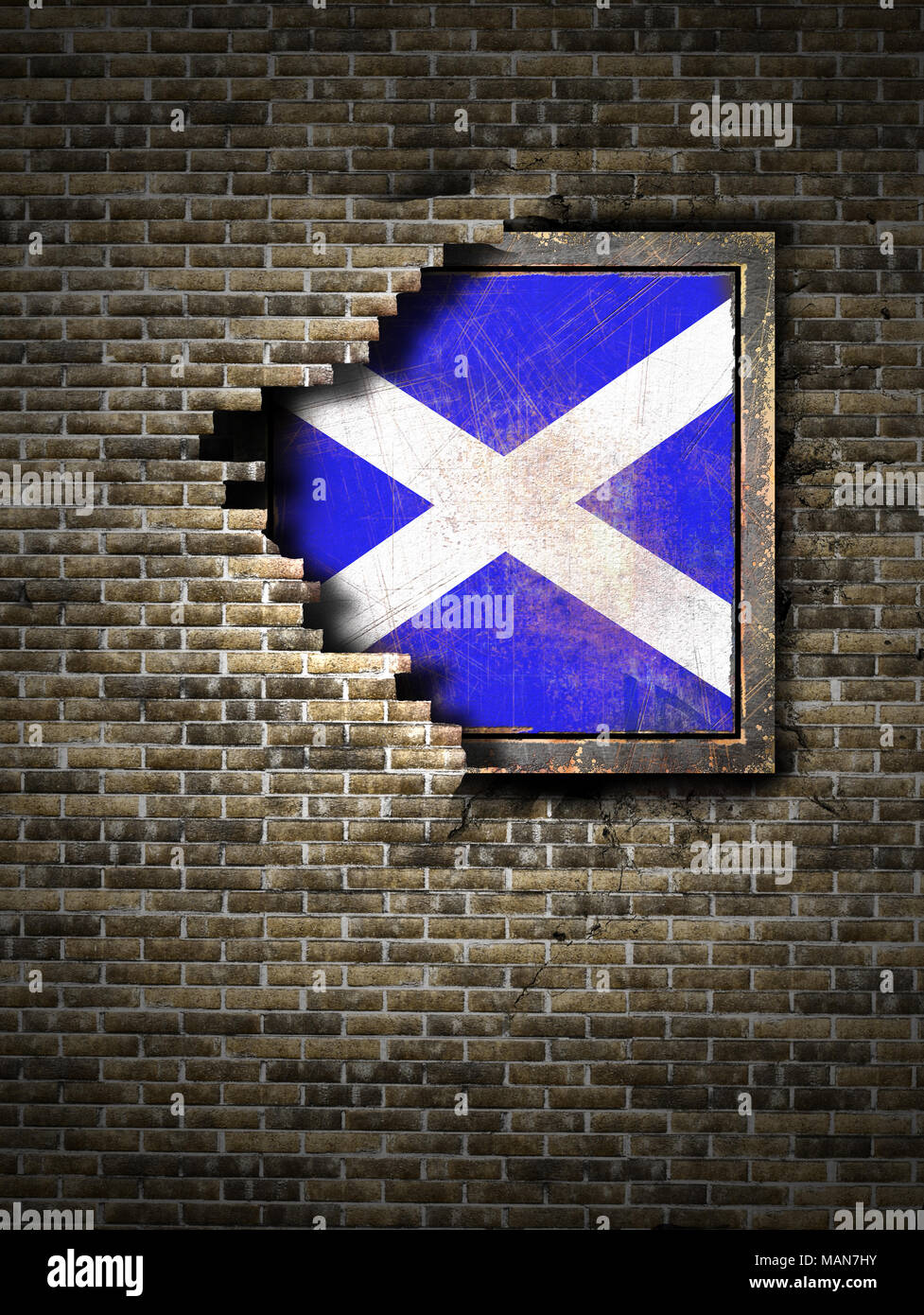 3d rendering of a Scotland flag over a rusty metallic plate embedded on ...