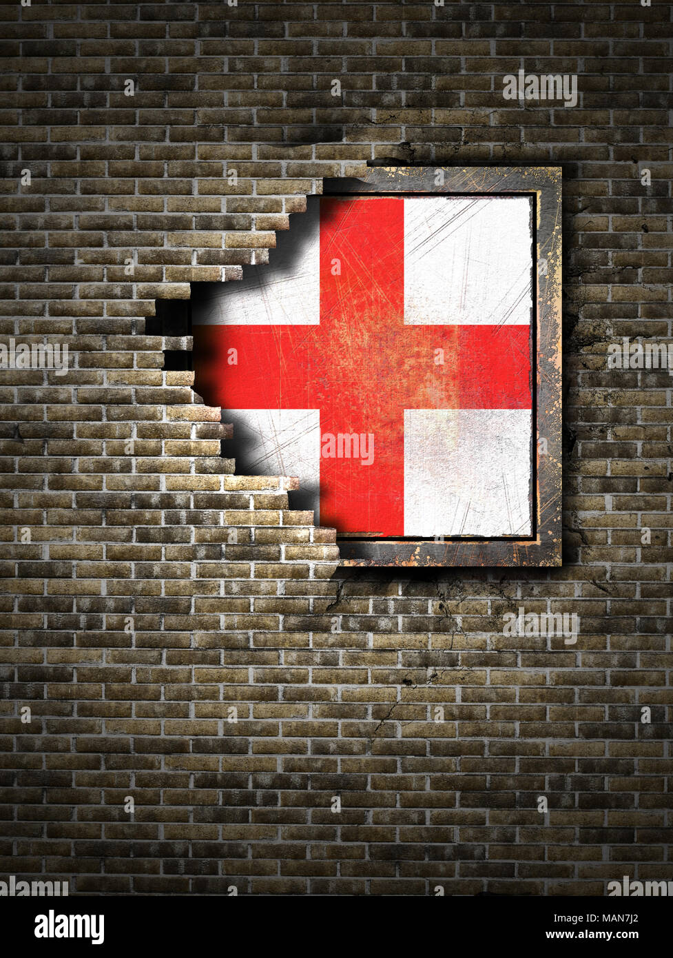 3d rendering of an England flag over a rusty metallic plate embedded on ...