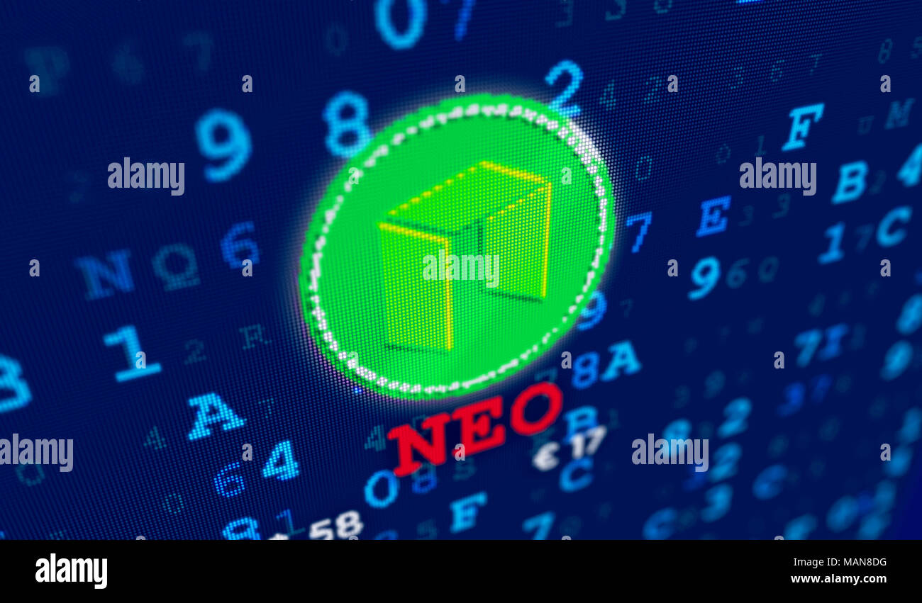 Neo currency in screen stylized graphic. Cryptocurrency coin and pixel ...
