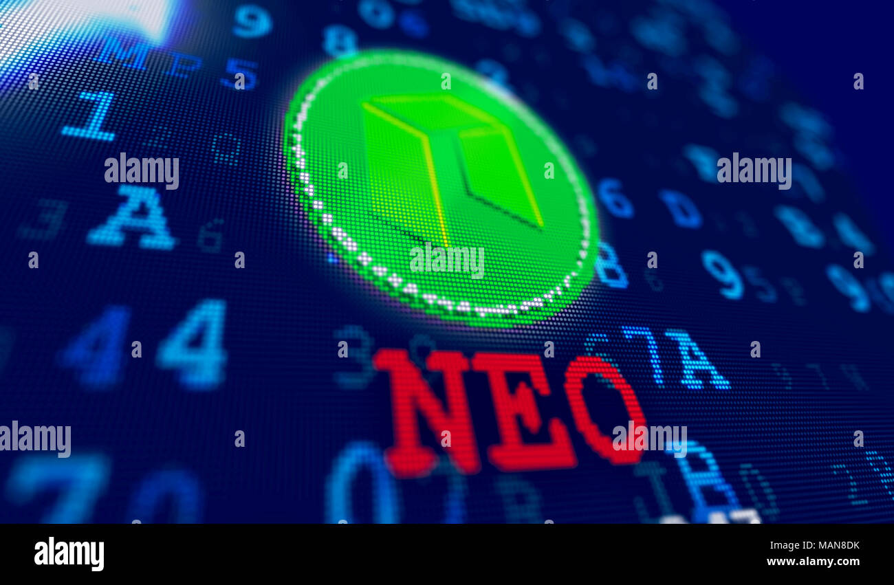 Neo currency in screen stylized graphic. Cryptocurrency coin and pixel ...
