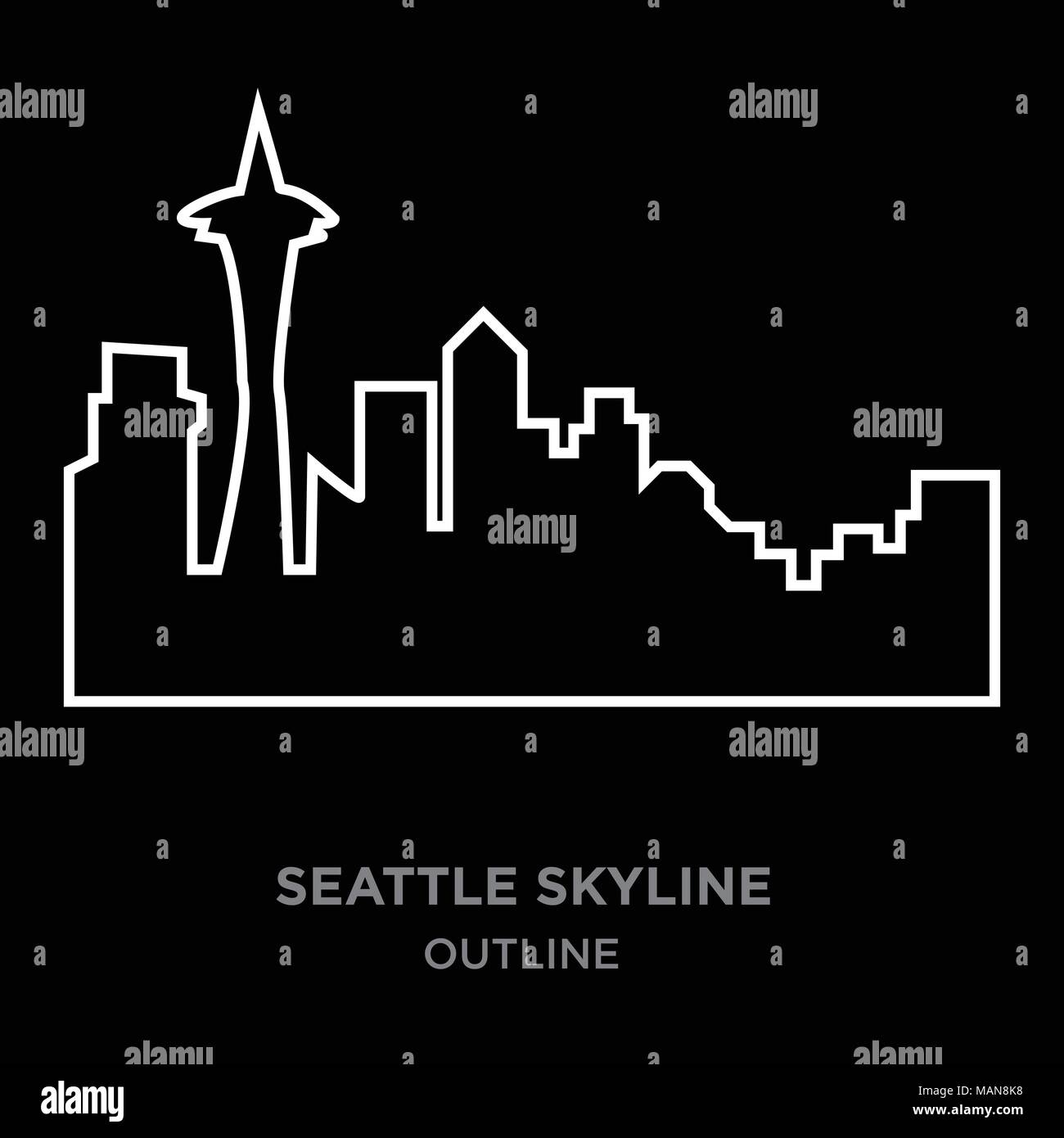 white border seattle skyline outline on black background, vector ...