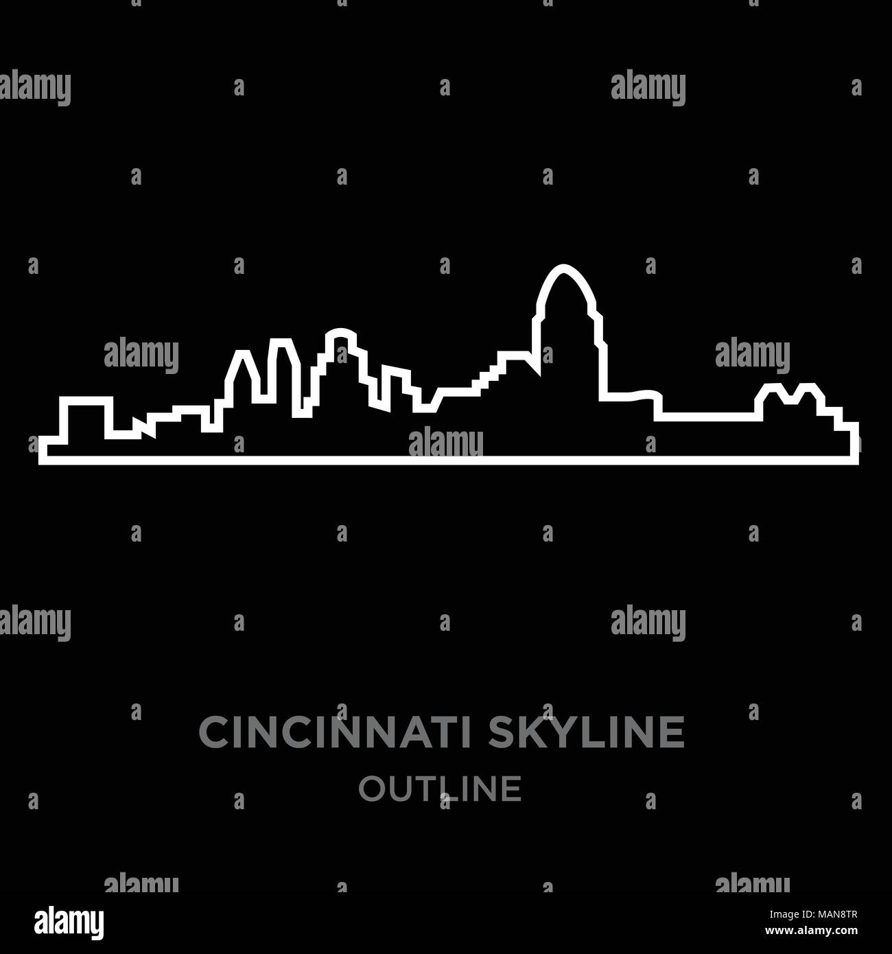 white border cincinnati skyline outline on black background, vector ...